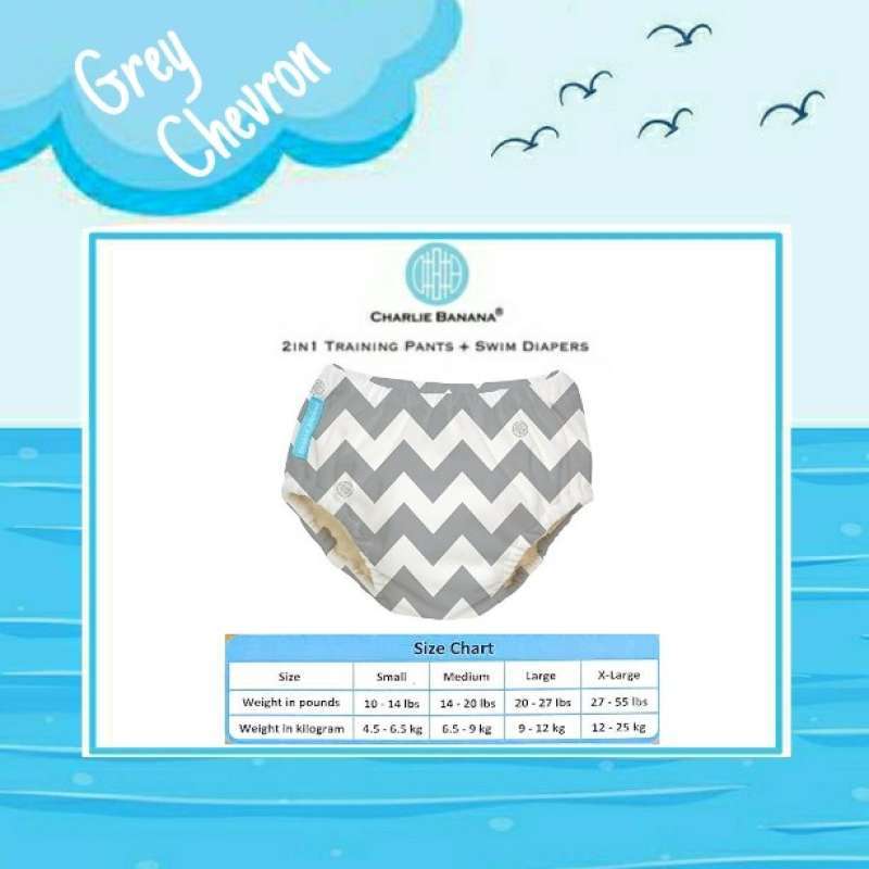 Jual Charlie Banana 2 In 1 Training Pants + Swim Diaper Grey Chevron Di ...