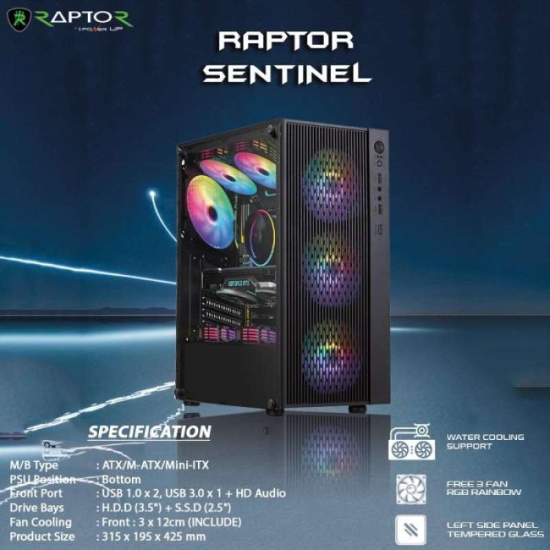 Jual Casing Pc Power Up Raptor Sentinel Mid Tower Atx With 3 Fan Case ...