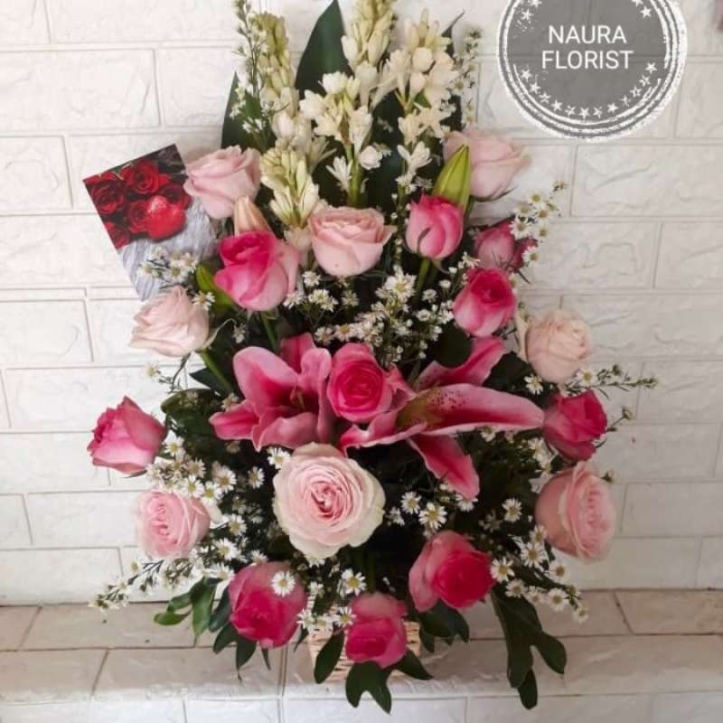 Promo Rangkaian Bunga Meja/bunga Vas /mawar Pink Mix Lili Sedap Malam ...