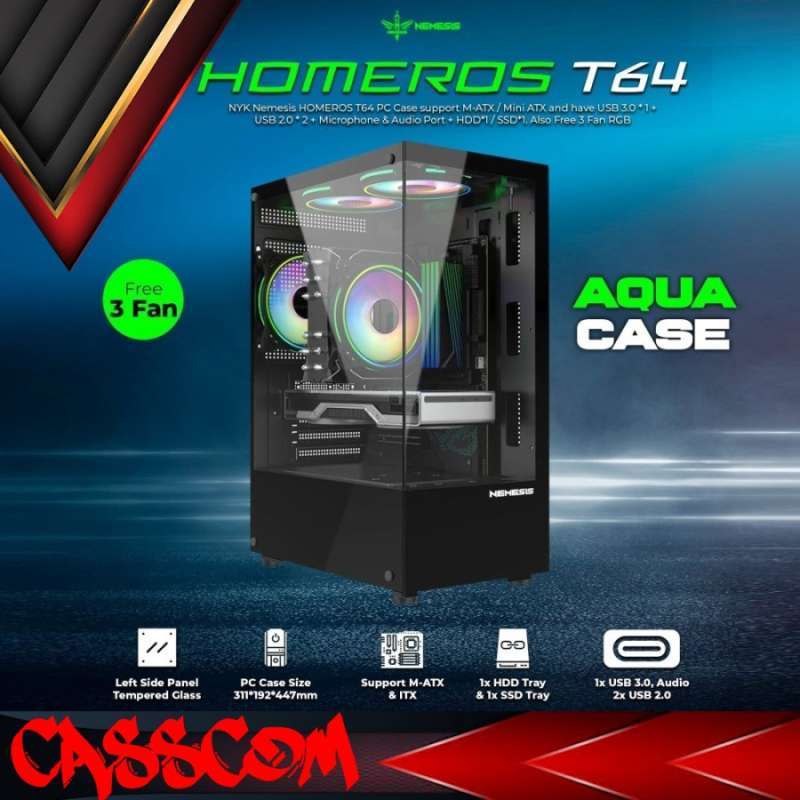Jual Nyk Nemesis Gaming Case T64 Homeros Aqua M-atx Free 3 Fan Casing ...
