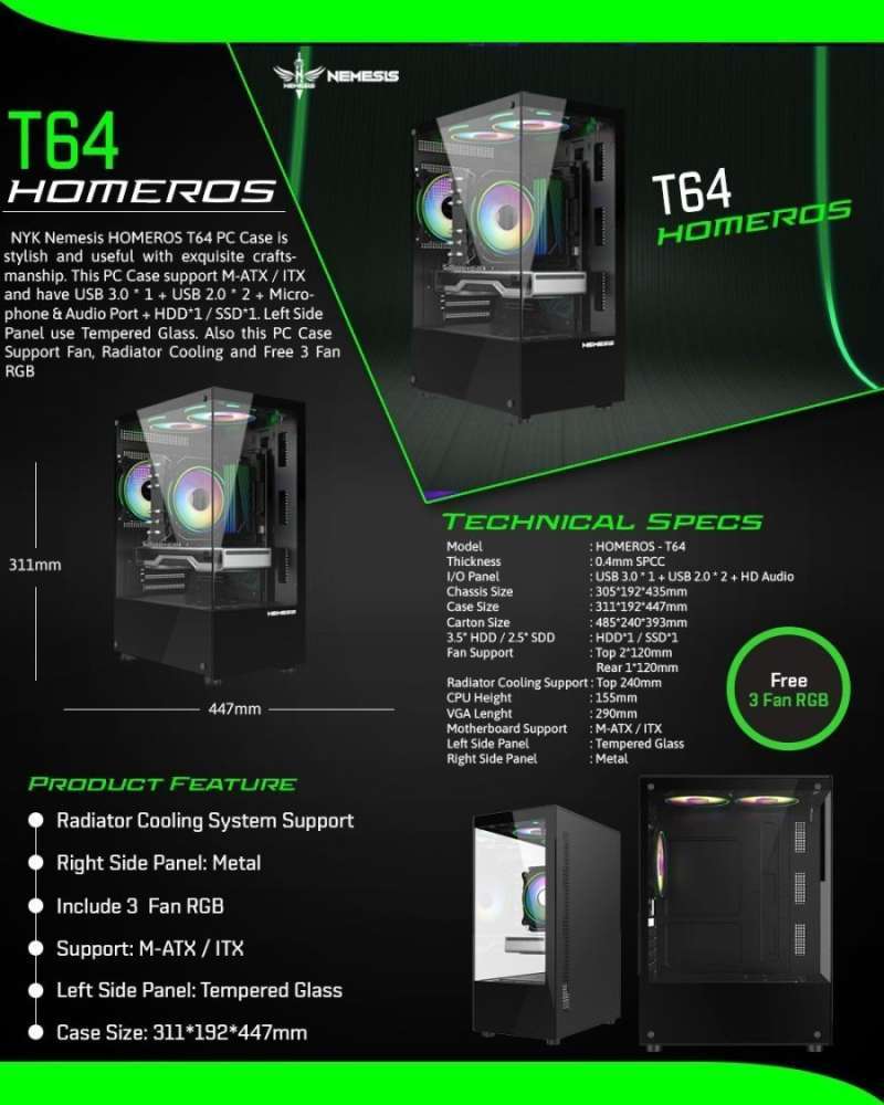 Jual Nyk Nemesis Gaming Case T64 Homeros Aqua M-atx Free 3 Fan Casing ...