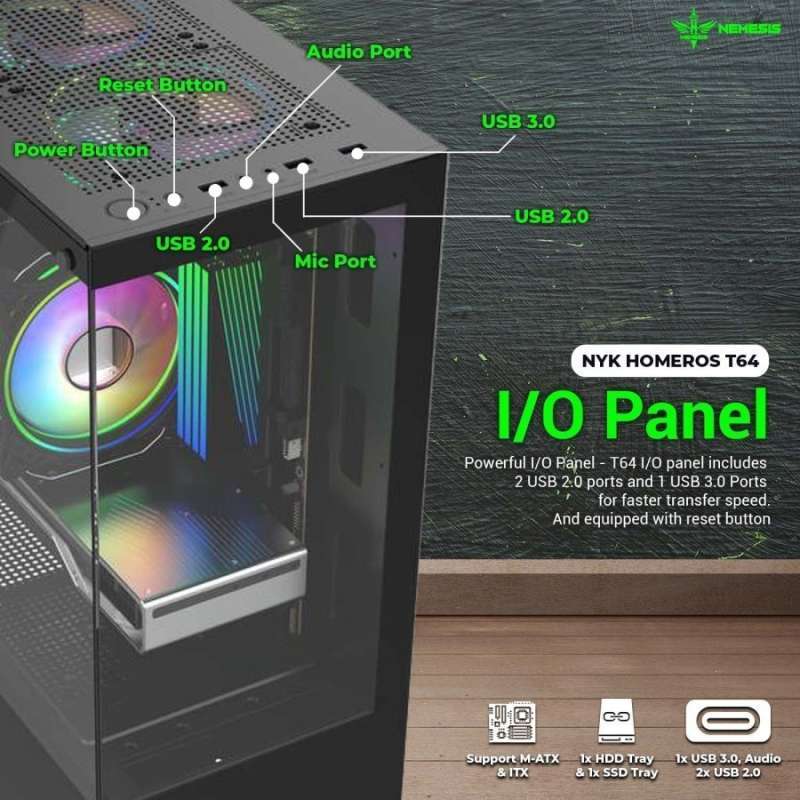 Jual Nyk Nemesis Gaming Case T64 Homeros Aqua M-atx Free 3 Fan Casing ...