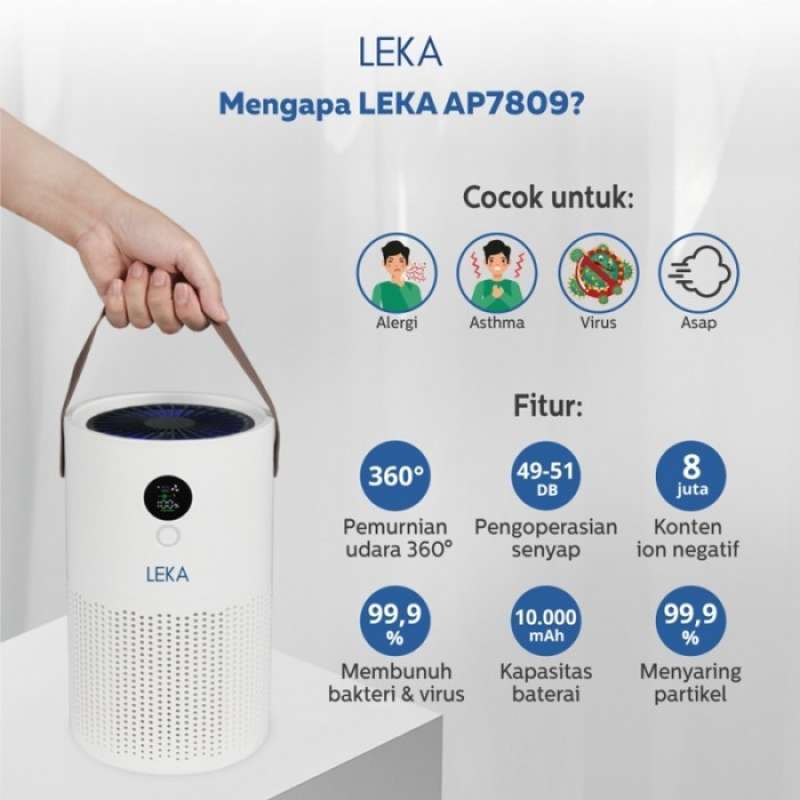 Promo Leka Ap7809 Portable Air Purifier Rechargeable Hepa13 Filter ...