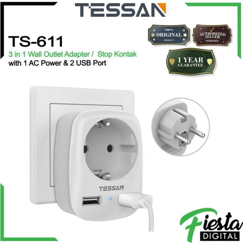 Promo Tessan TS-611 3 in 1 Stop kontak 1 AC Power Socket & 2 USB Port ...