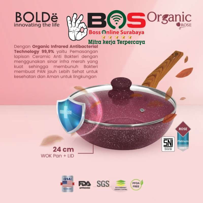 Promo Organic Rose Wok Pan 24cm Glass + Lid Granite Coating Anti ...