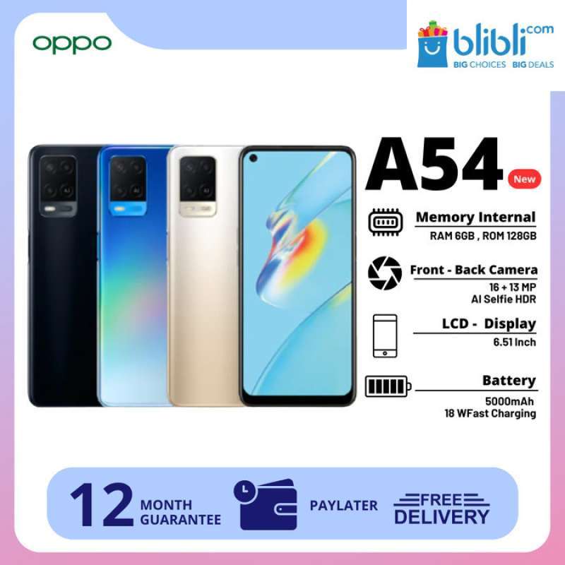 Promo Oppo A54 Ram 6/128gb Smartphone Ai Triple Camera Garansi 1 Year - Gold Diskon 4% Di Seller ...