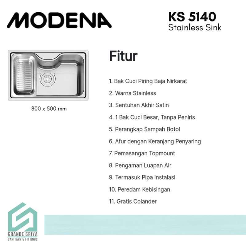 Promo Modena Stainless Kitchen Sink Topmount Bak Cuci Piring Ks 5140 ...