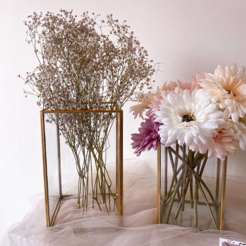 Promo ELOISE rectangular gold brass vase/ Vas Bunga kaca list emas ...