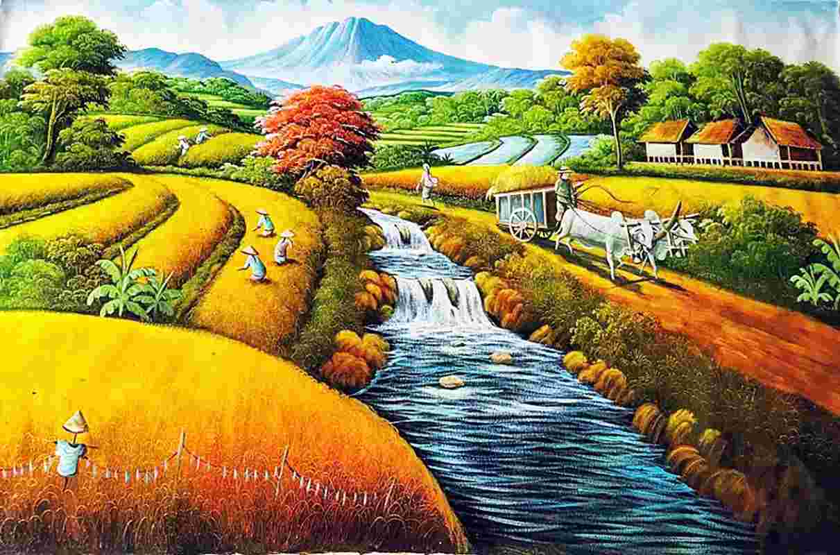 Promo Ready Stok! Lukisan Sawah Panen Padi Dengan Gerobak Sapi Model ...