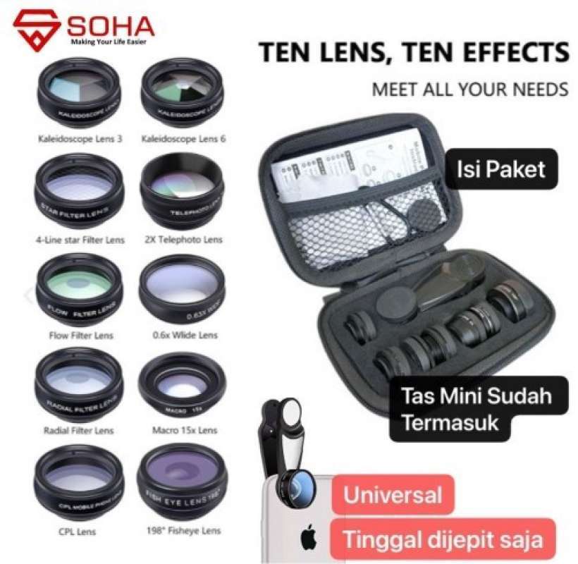 Promo LNZ-005 10 IN 1 LENSA UNIVERSAL KAMERA HP FISHEYE MACRO WIDE ...