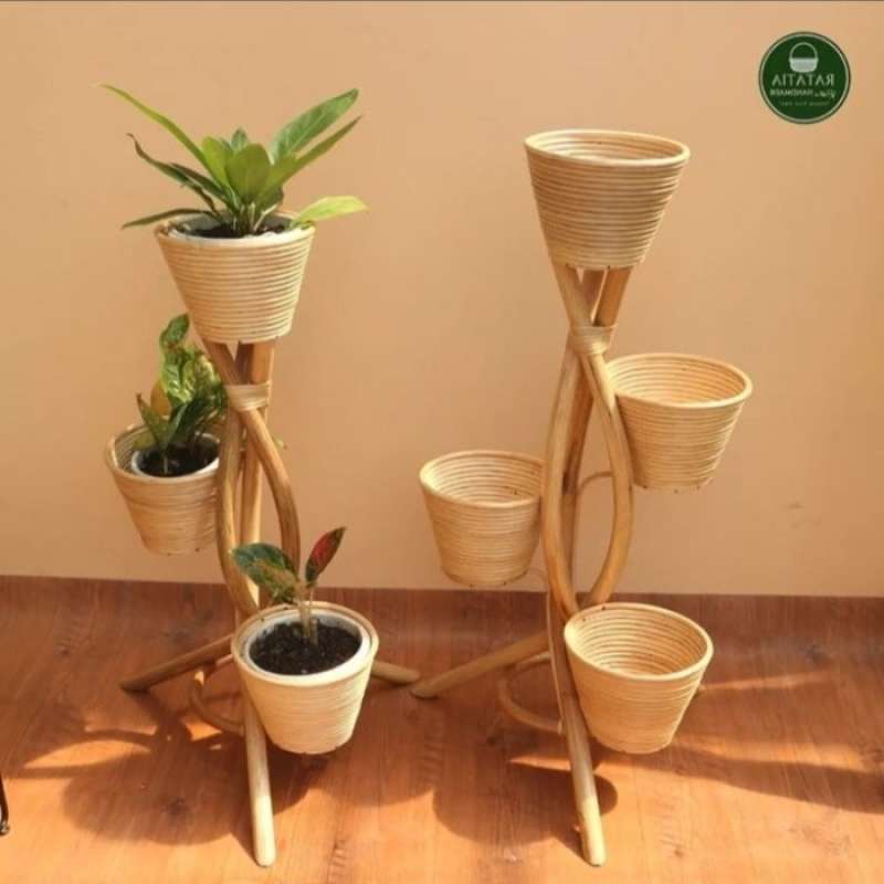 Promo New Pot Bunga Rotan Isi 4 / Stand Pot Bunga Rotan - Pot Isi 4 ...