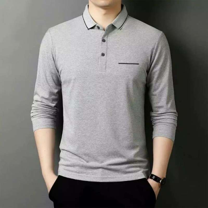 Jual Kaos Berkerah Pria / Kaos Polo Lengan Panjang Pria Bahan Cotton Combed - Abu-abu, L Di ...
