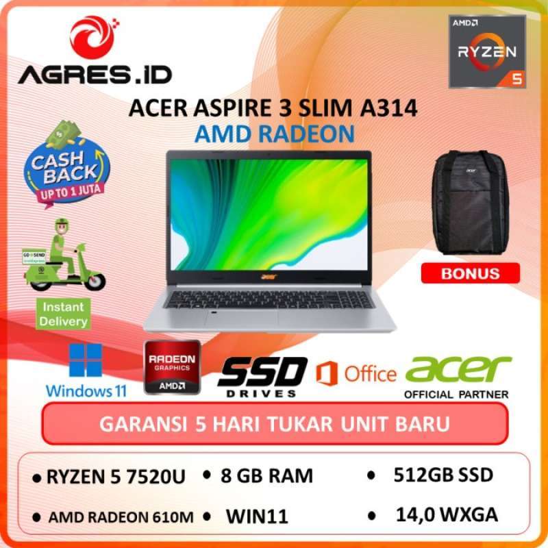 Jual ACER ASPIRE 3 SLIM A314 RYZEN 5 7520 RAM 8GB 512 SSD Win 11 14 ...