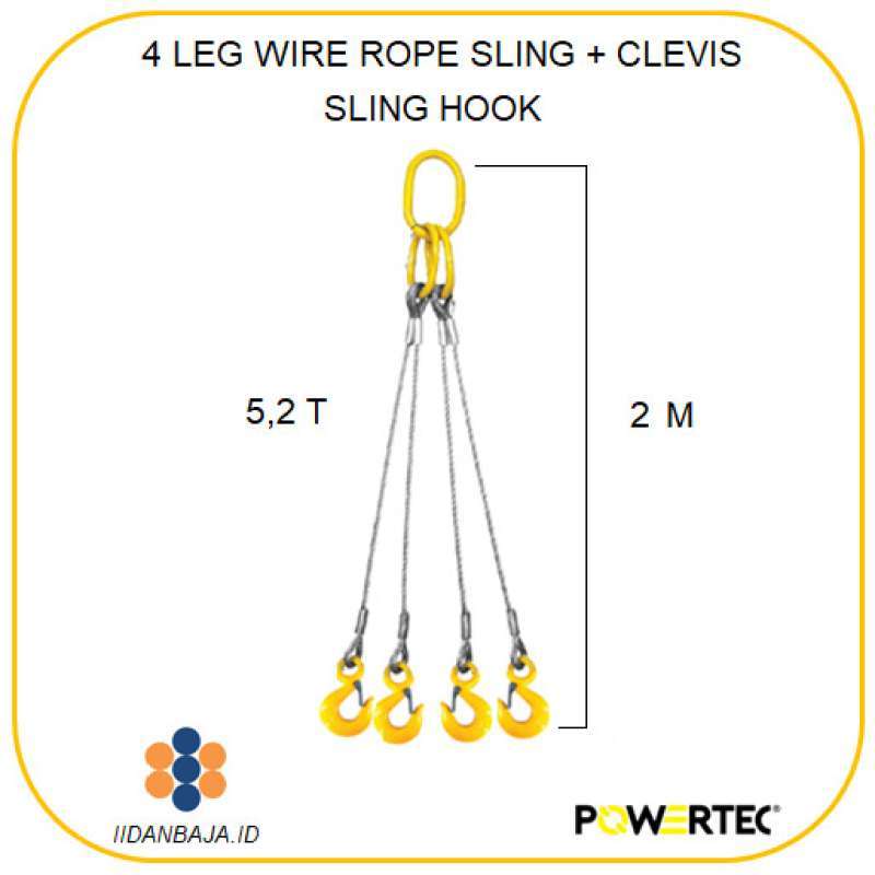 Promo 4 Leg Wire Rope Sling + Sling Hook. 14 Mm X 5,2 Ton X 2 Mtr ...
