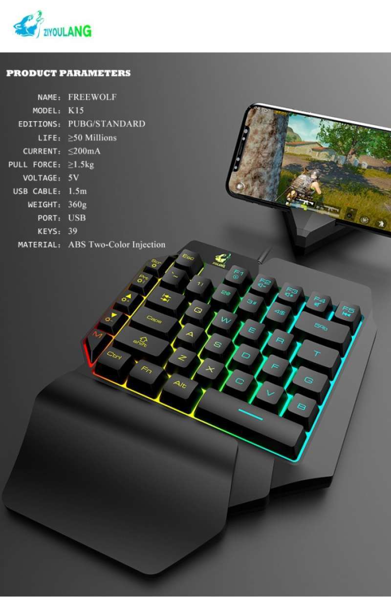 Promo Free Wolf K15 One Hand Gaming Keyboard / Half Gaming Keyboard RGB ...