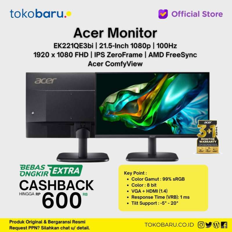 Promo Monitor Led Acer Ek221qe3 22 Inch Ips Fhd 100hz 1ms Freesync Hdmi ...