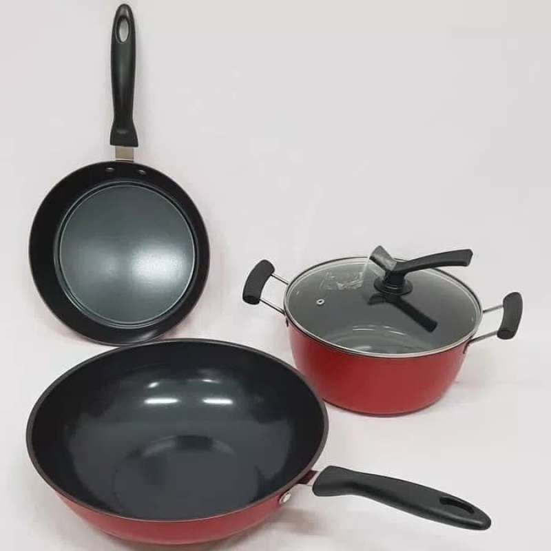 Promo Panci Teflon Wok Pan Set Nona 3 In 1 Panci Teflon Set Diskon 23% ...