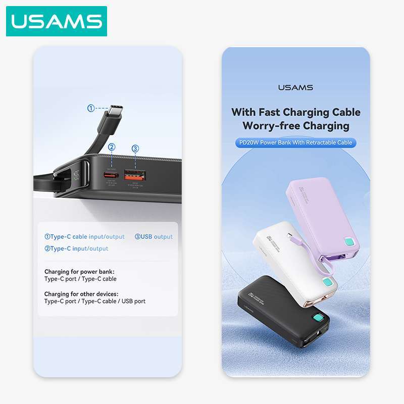 Promo Usams Xy Powerbank Fast Charging Retractable Cable 10000mah 20w ...