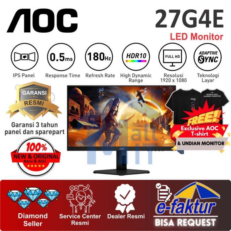 Jual Monitor Aoc Gaming 27g4e 27 Ips 1080p Fhd 180hz 0.5ms Hdmi Dp Vesa ...