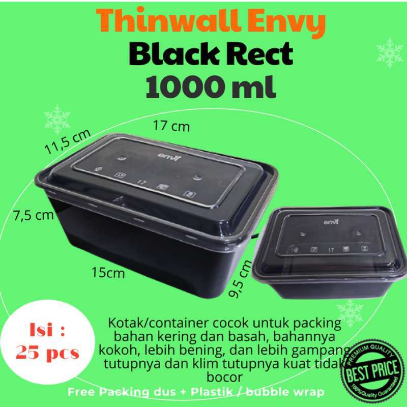 Jual Thinwall Envi Black 1000 Ml Rect Food Kontainer Kotak Makan Isi 25 ...