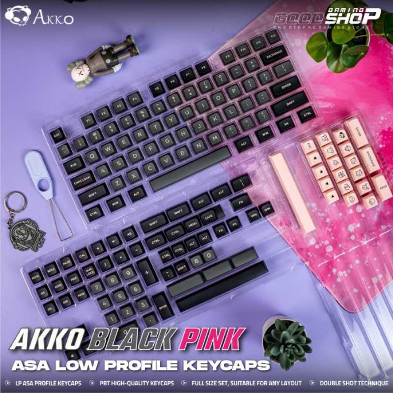 Jual Akko Black & Pink Pbt 155 Key Asa Low Profile - Keycap Set Di ...