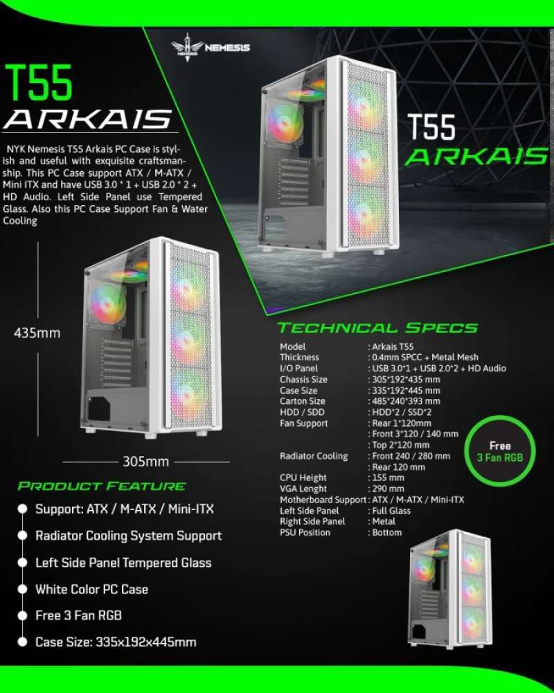 Jual Nyk Nemesis Arkais T55 Casing Pc Include 3 Fan - Gaming Case Atx ...