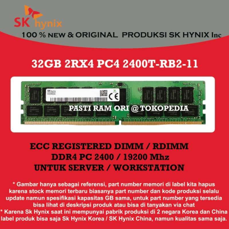 Promo Memory Server 32gb Ddr4 Pc2400t Ecc Rdimm Sk Hynix 2rx4 Pc4-2400t Diskon 23% Di Seller ...