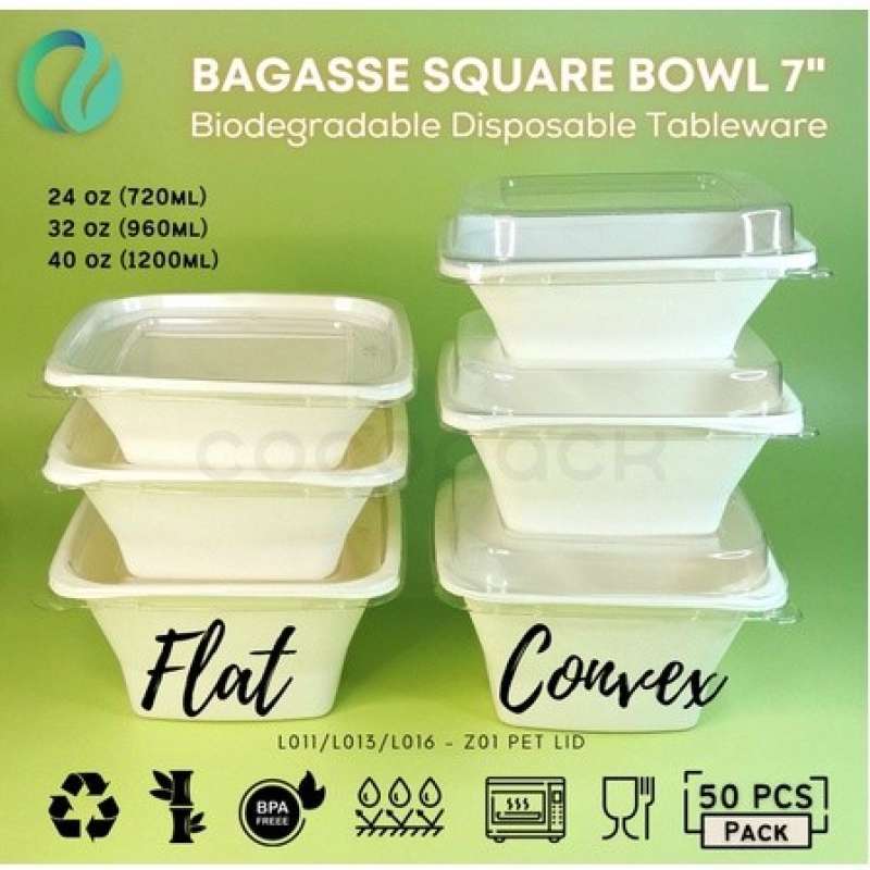 Jual Tempat Makan Ramah Lingkungan Sekali Pakai - 10 Pcs Bagasse Square Bowl 7 Inch + Lid 24oz ...