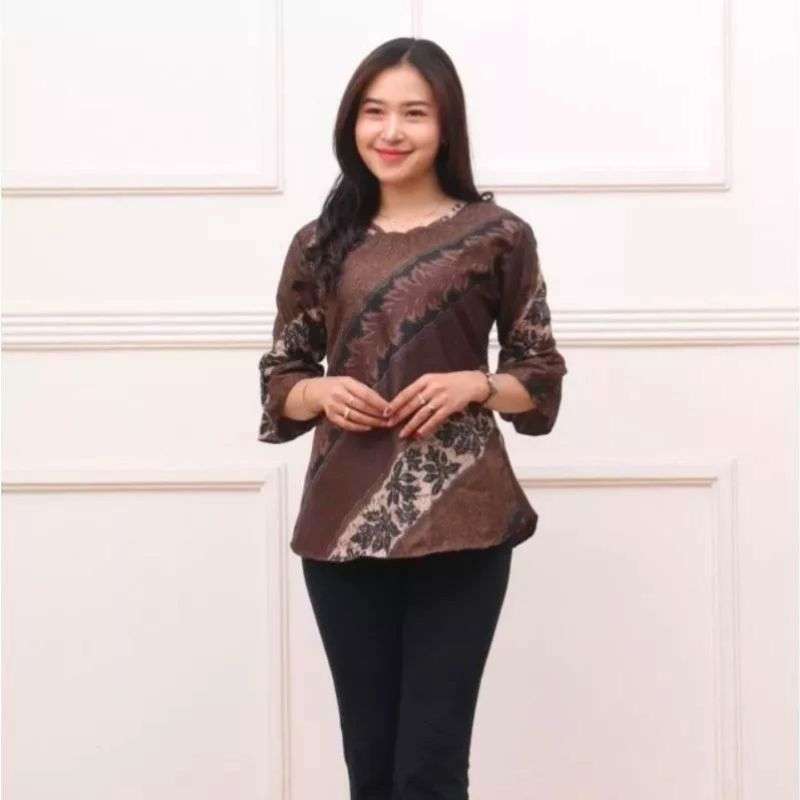 Promo Atasan Batik Kerja Wanita Modern || Blouse Seragam Kantor Murah - L Garis Coklat Diskon 2% ...