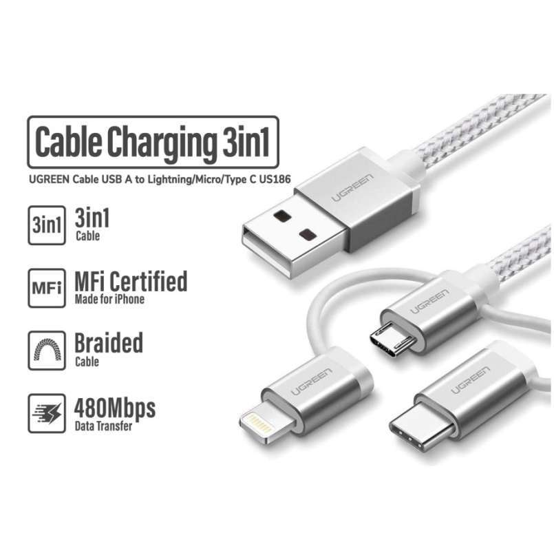 Promo Cable USB to Micro/Lightning/Type C UGREEN MFI 3in1 3A Fast ...