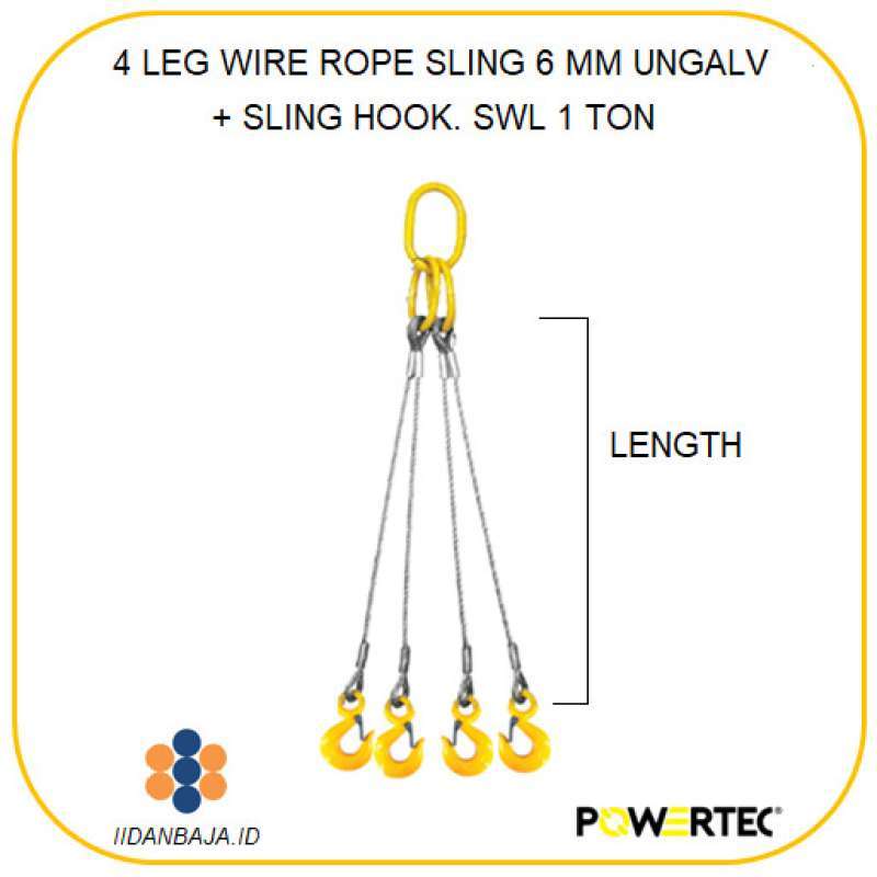 Promo 4 Leg Wire Rope Sling 6 Mm Ungalv + Sling Hook. Swl 1 Ton Powert ...