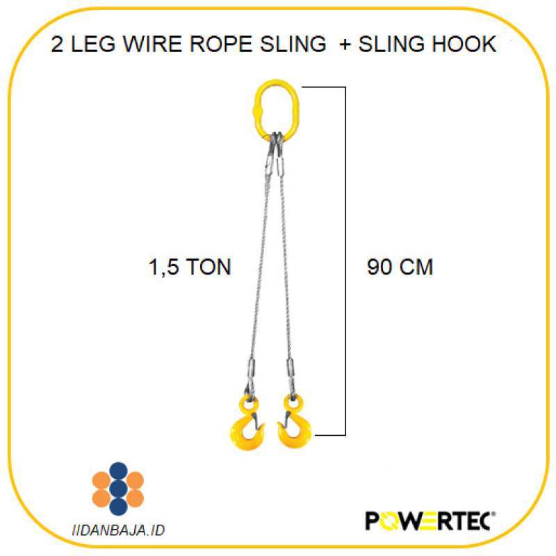 Promo 2 Leg Wire Rope Sling + Sling Hook. Swl 1,5 T X 90 Cm Powertec ...