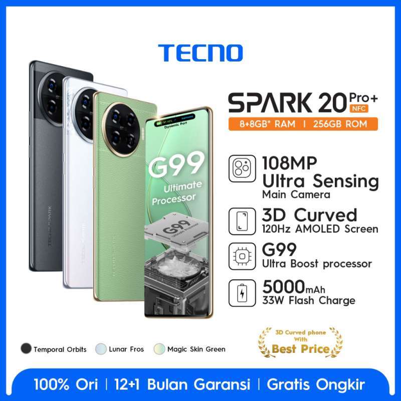 Jual TECNO SPARK 20 Pro+ NFC – 8GB+256GB, 3D Curved 6,78 AMOLED FHD+ 120Hz, Garansi Resmi ...