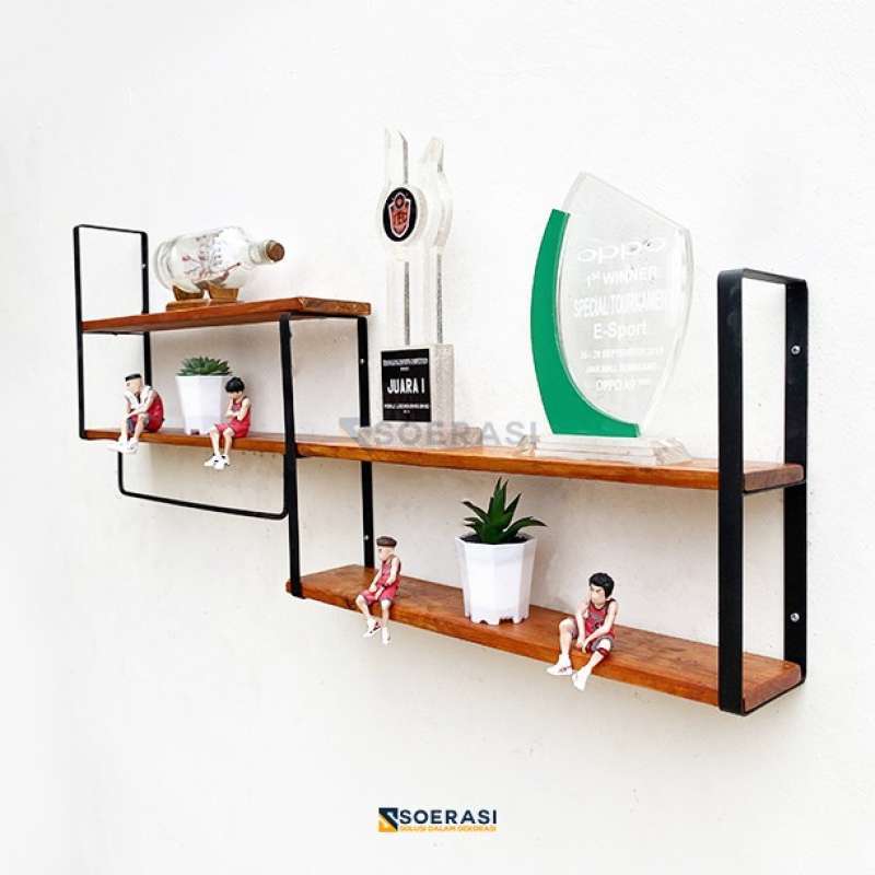 Promo Triple rak dinding besi dan kayu panjang luas minimalis vintage ...