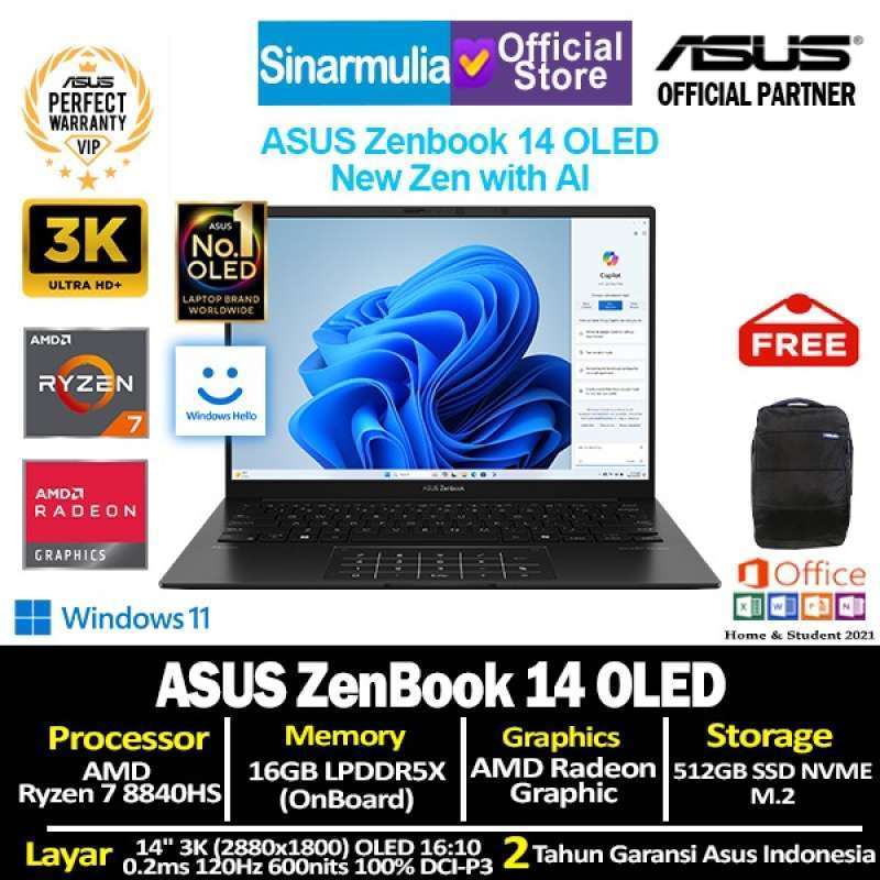 Promo Asus Zenbook 14 Oled Um3406ha Ryzen 7 8840hs 512gb Ssd 16gb 3k ...