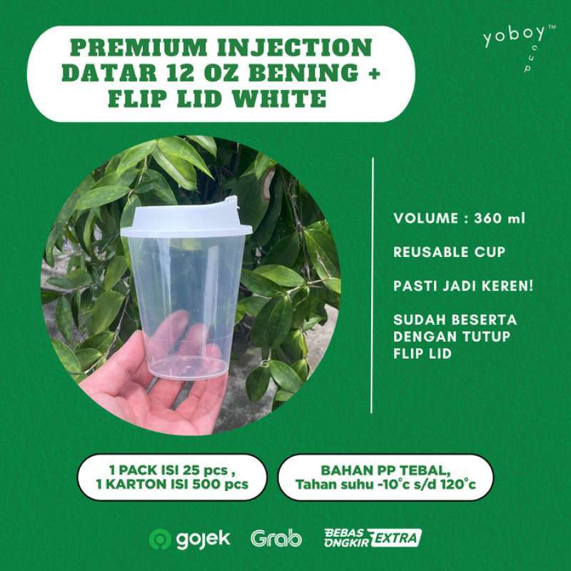 Jual Cup Premium Inject Datar 12oz Bening + Tutup Flip Lid Injection ...