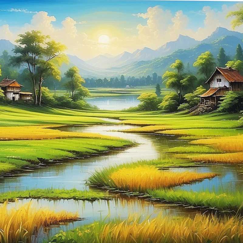 Promo Terkini! Lukisan Pemandangan Alam Dengan Sungai Dan Sawah Diskon ...