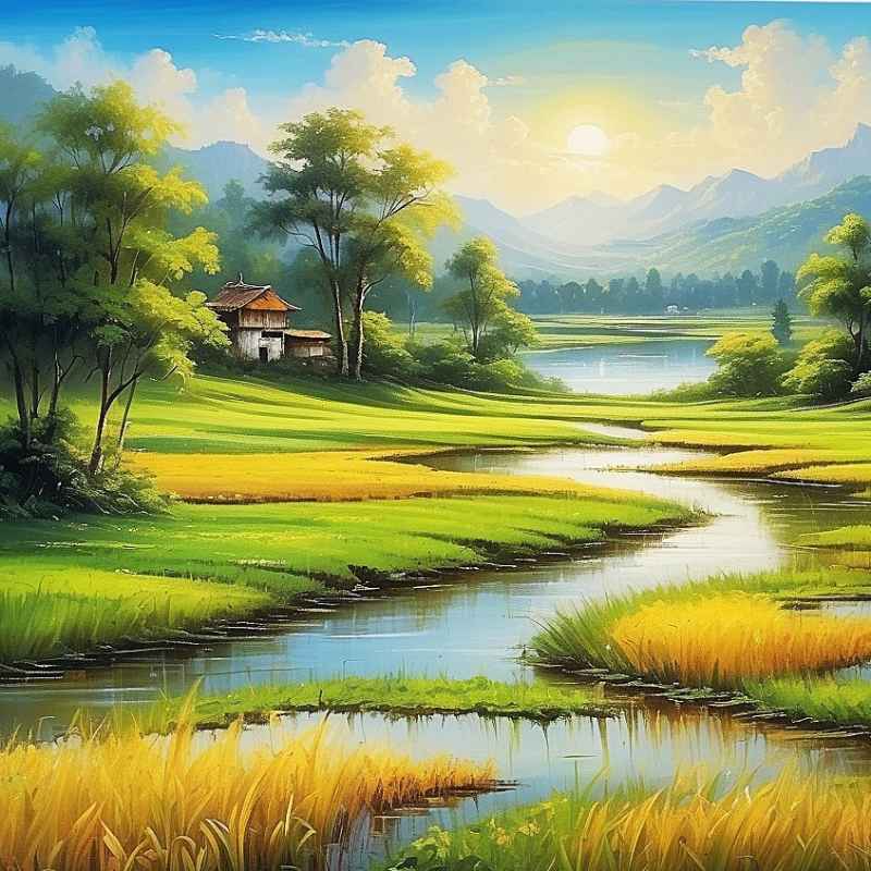 Promo Terkini! Lukisan Pemandangan Alam Dengan Sungai Dan Sawah Diskon ...