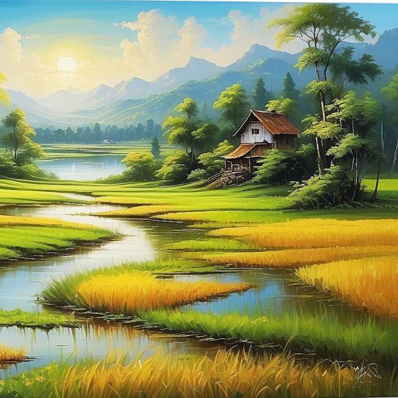 Promo Terkini! Lukisan Pemandangan Alam Dengan Sungai Dan Sawah Diskon ...