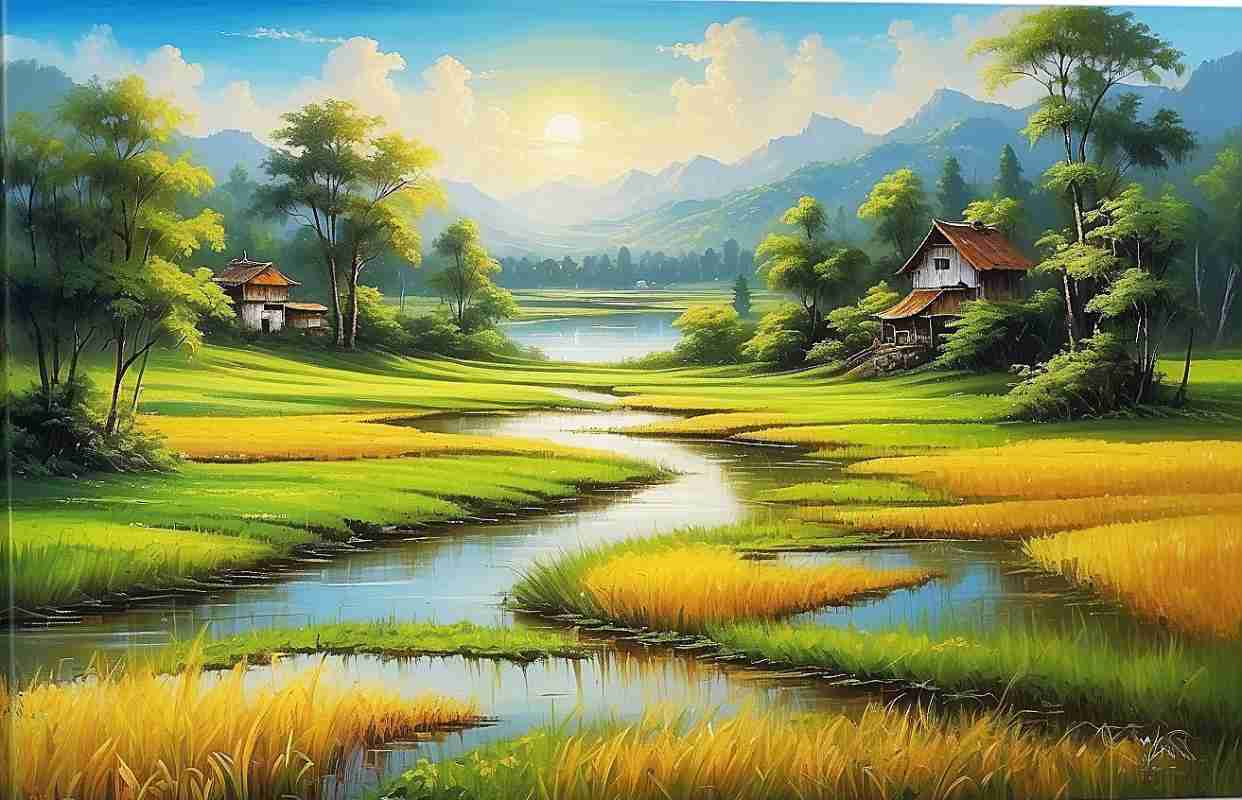 Promo Terkini! Lukisan Pemandangan Alam Dengan Sungai Dan Sawah Diskon ...