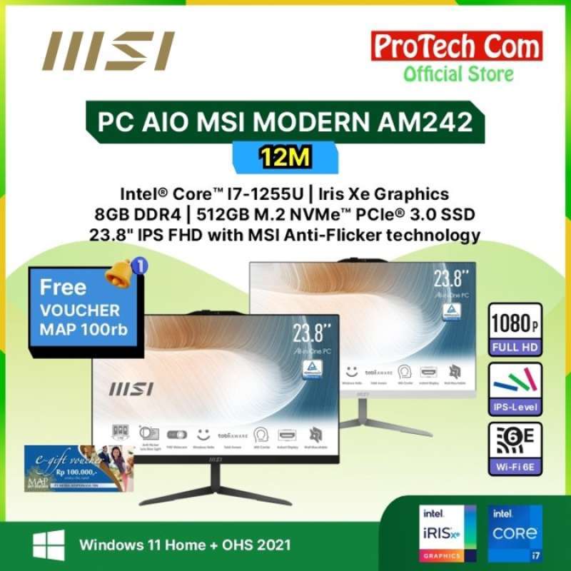 Jual Pc Aio Msi Modern Am242 12m I7-1255u 8gb 512gb 23,8 Fhd Ips Ohs ...