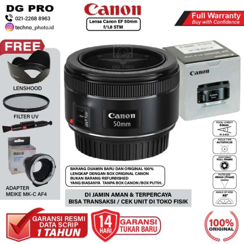 Promo Lensa Fix Canon 50mm F1.8 Stm Paket Adapter Meike To Canon Eos M ...