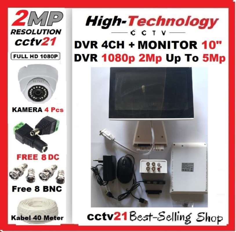 Promo Paket Lengkap 4 Cctv High Tech 2mp+dvr 4ch 5mp+monitor 10+kb 40m+hdd Diskon 23% Di Seller ...