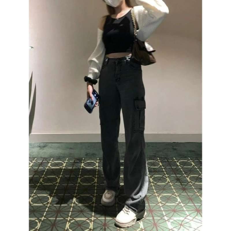 Promo Highwaist Cargo Loose Jeans - Cargo Baggy Hiwaist Hands Up Jeans ...