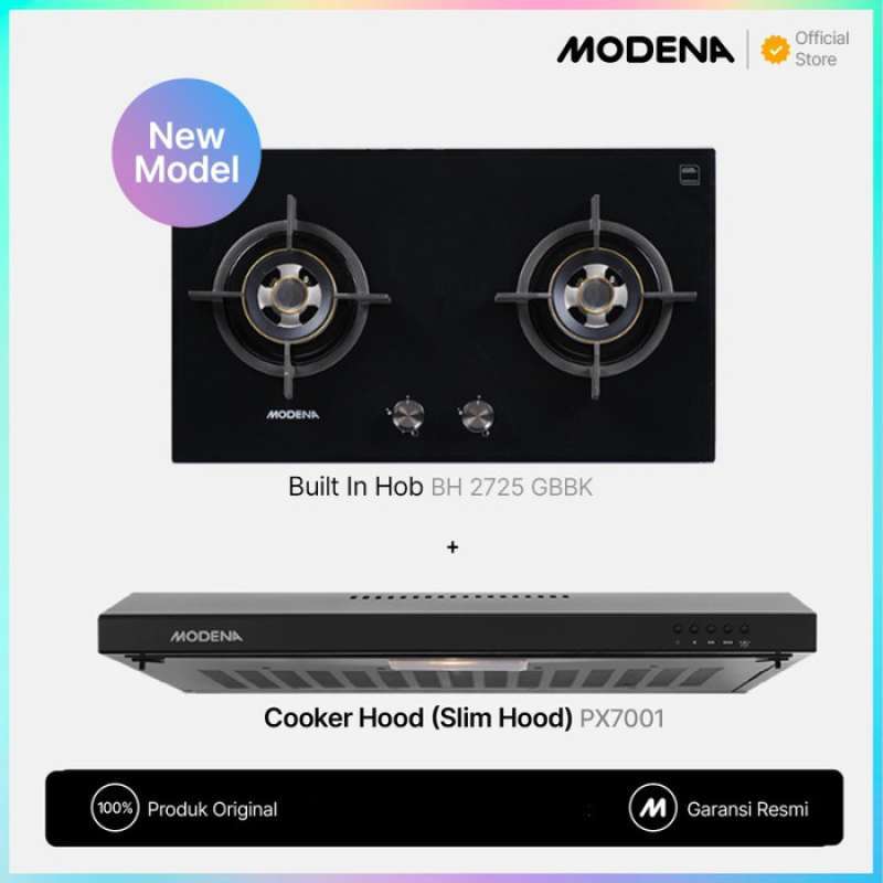 Promo Modena Kompor Tanam Gas 2 Tungku Bh 2725 Gbbk + Slim Cooker Hood ...