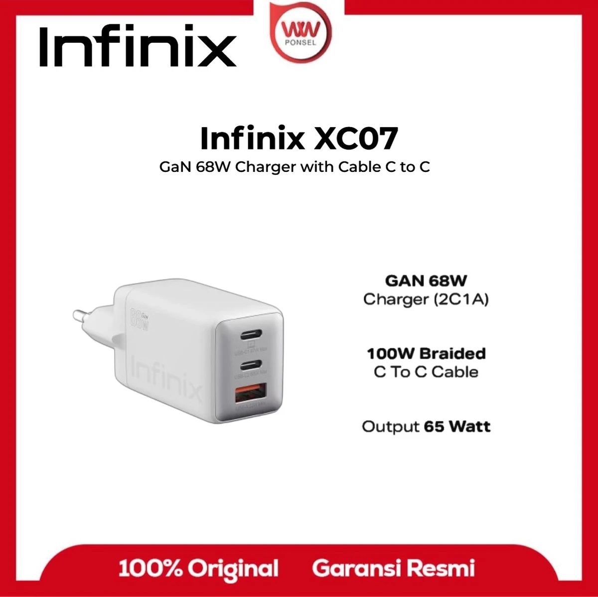 Promo Infinix Xc07 Charger Kit - Gan 68w Charger - 2c1a - Free Xdc95 ...