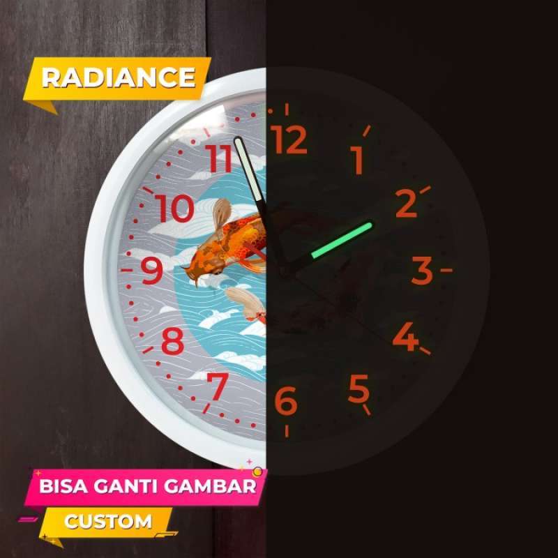 Promo jam dinding japan koi glow merah wall clock ada kaca custom ...