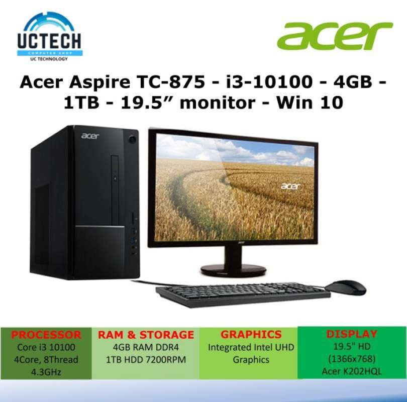Promo PC Acer Aspire TC-875 - i3-10100 - 4GB - 1TB - 19.5â€³ monitor ...
