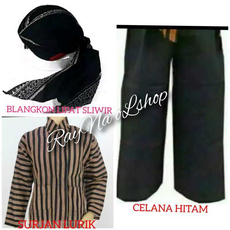Promo 1 Set Setelan Baju Tenun Surjan Lurik Pria + Blangkon Lipat Sliwir + Celana Hitam, Pakaian ...