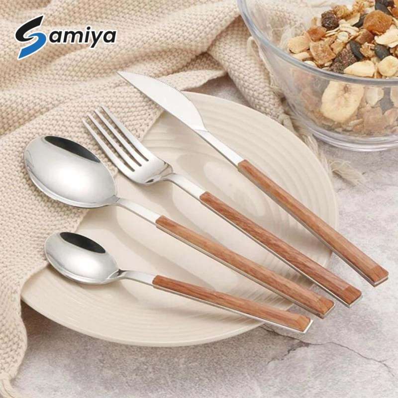 Promo wood grain cutlery set paket sendok garpu stainless korea handle ...